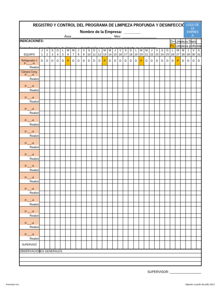 PROGRAMA DE LIMPIEZA Ejemplo | PDF