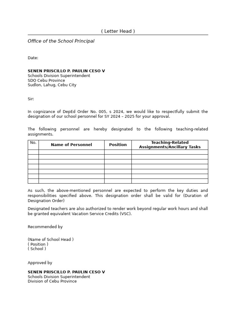 Designation Order Template Cebu Province | PDF