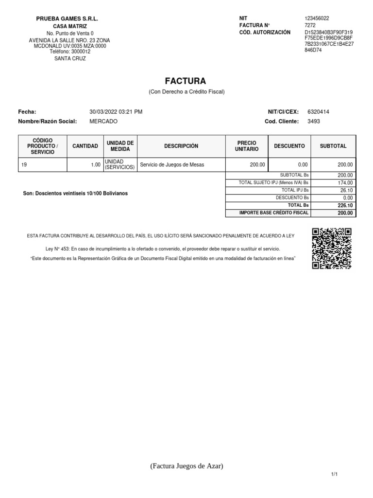 Factura JuegosAzar | PDF