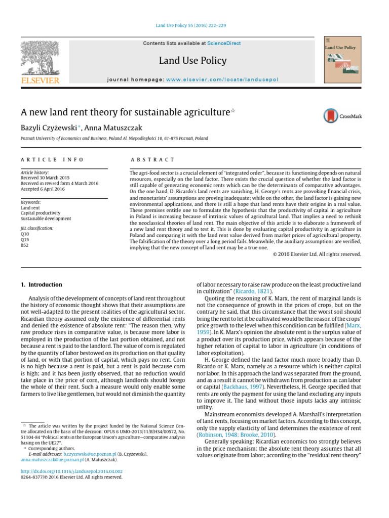 A New Land Rent Theory For Sustainable Agriculture | PDF