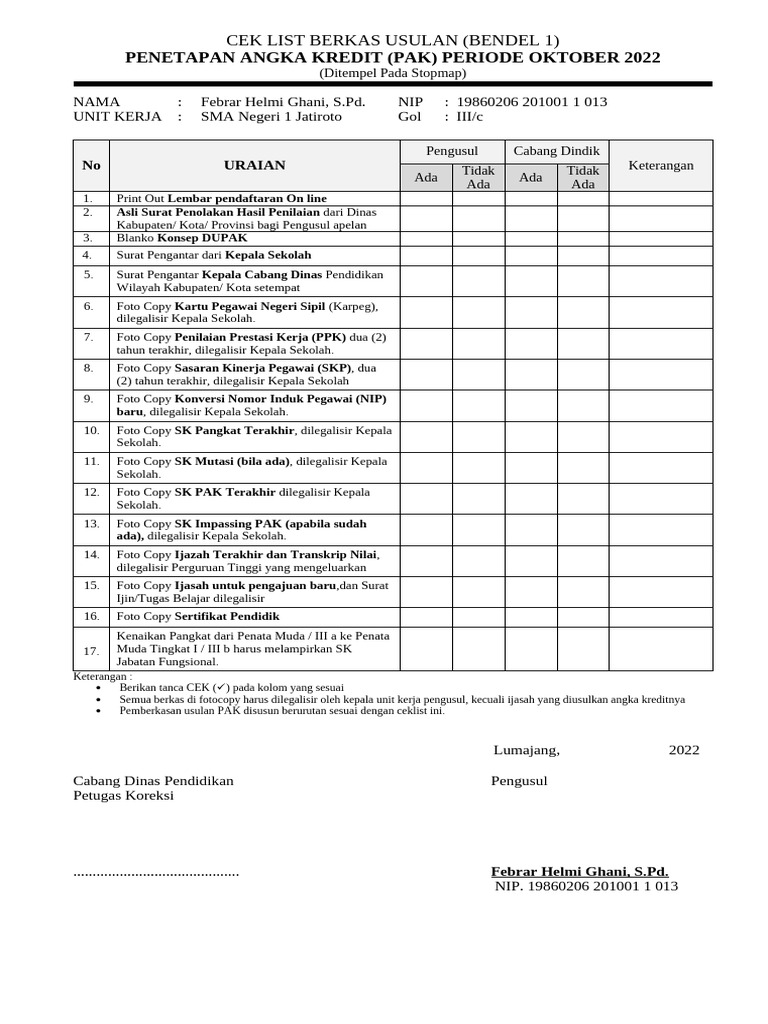 CEK LIST BERKAS USULAN KP OKTOBER 2021 BENDEL 1-1 | PDF