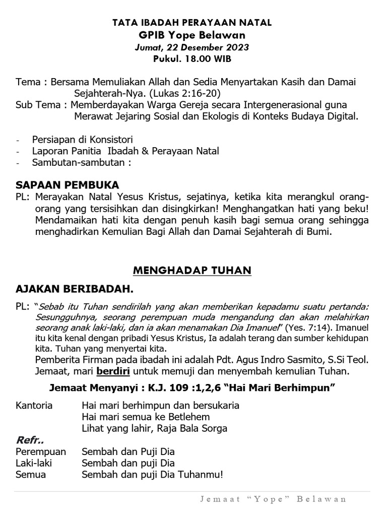 Tata Ibadah Perayaan Natal Gpib Jemaat Yope Belawan 1 | PDF