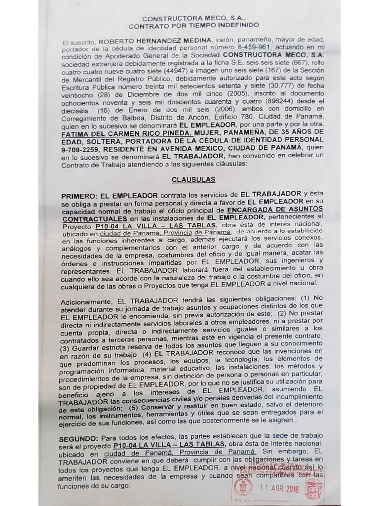Constructora Meco S.a., Contrato Por Tiempo Indefinido | PDF
