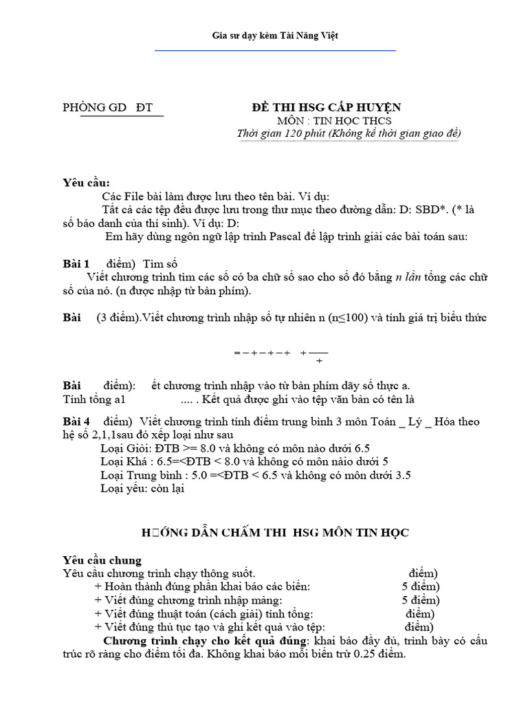 Bo de Thi Hoc Sinh Gioi Tin Hoc Lop 8 Tuyen Tap de Thi Hsg Tin 8 Cac Nam Gan Day | PDF