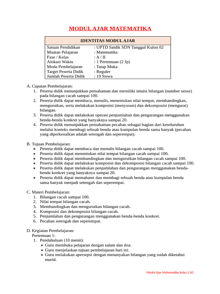 Modul Ajar Matematika Kelas 2 SD | PDF