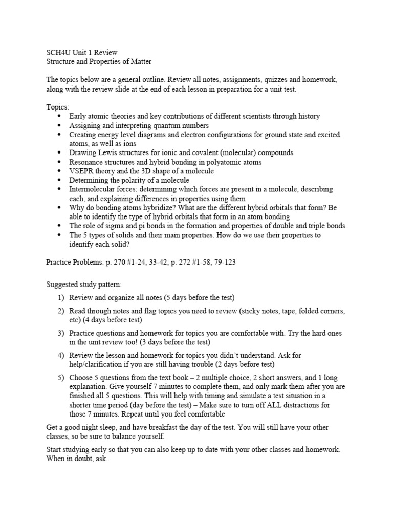 SCH4U - Structures & Properties of Matter Unit Review | PDF