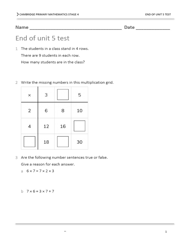 Prim Maths 4 2ed TR Unit 5 Test | PDF