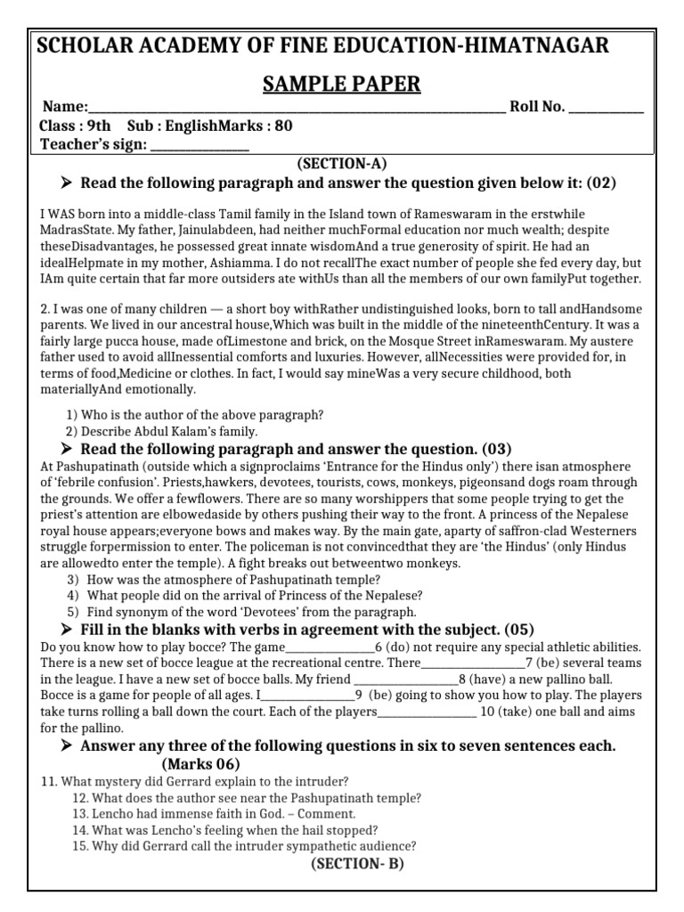 Class 9th English Sample Paper - 3 | PDF