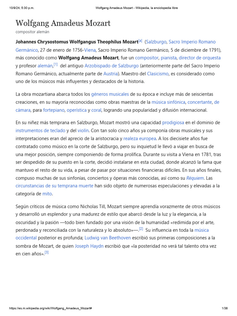 Wolfgang Amadeus Mozart - Wikipedia, La Enciclopedia Libre | PDF