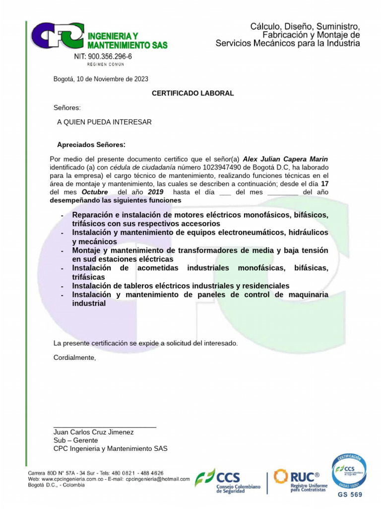 Ejemplo Certificacion Laboral | PDF