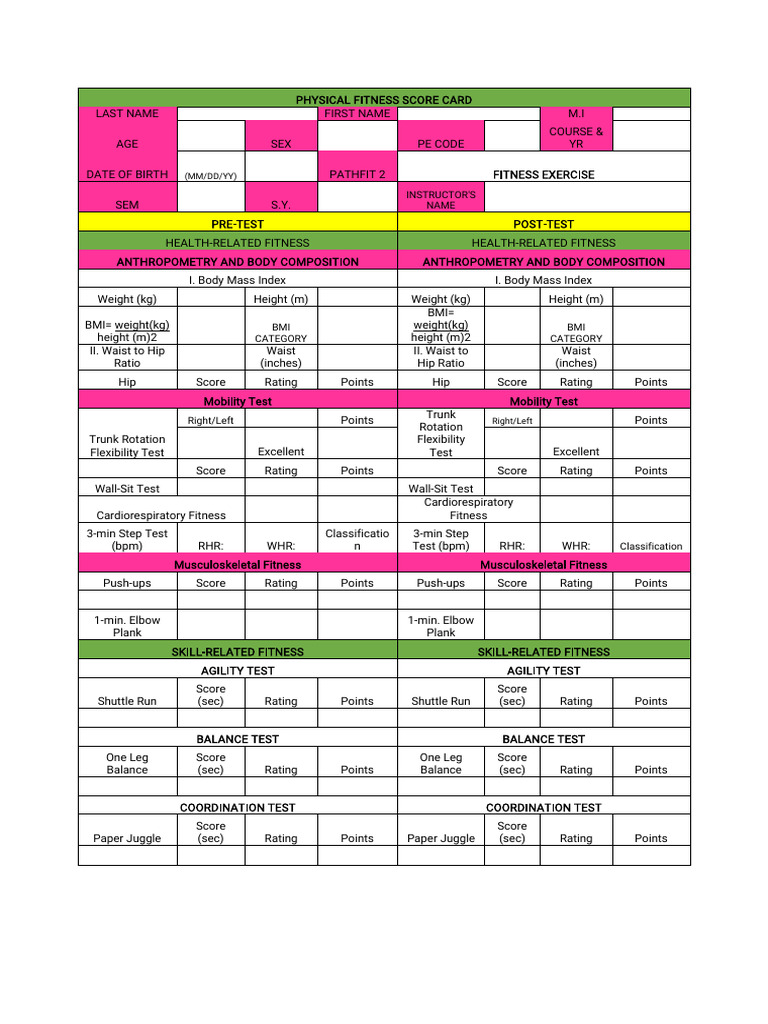 Physical Fitness Score Card Template | PDF | Body Mass Index | Physical ...