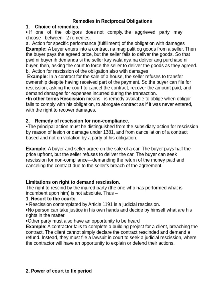 Remedies in Reciprocal Obligations - BB PARTS LAW | PDF | Legal Remedy ...