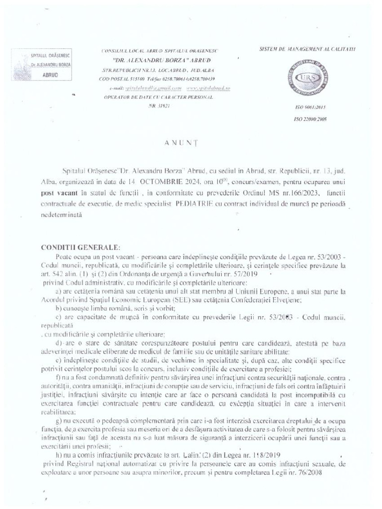 Anunt Concurs Medic Pediatrie | PDF