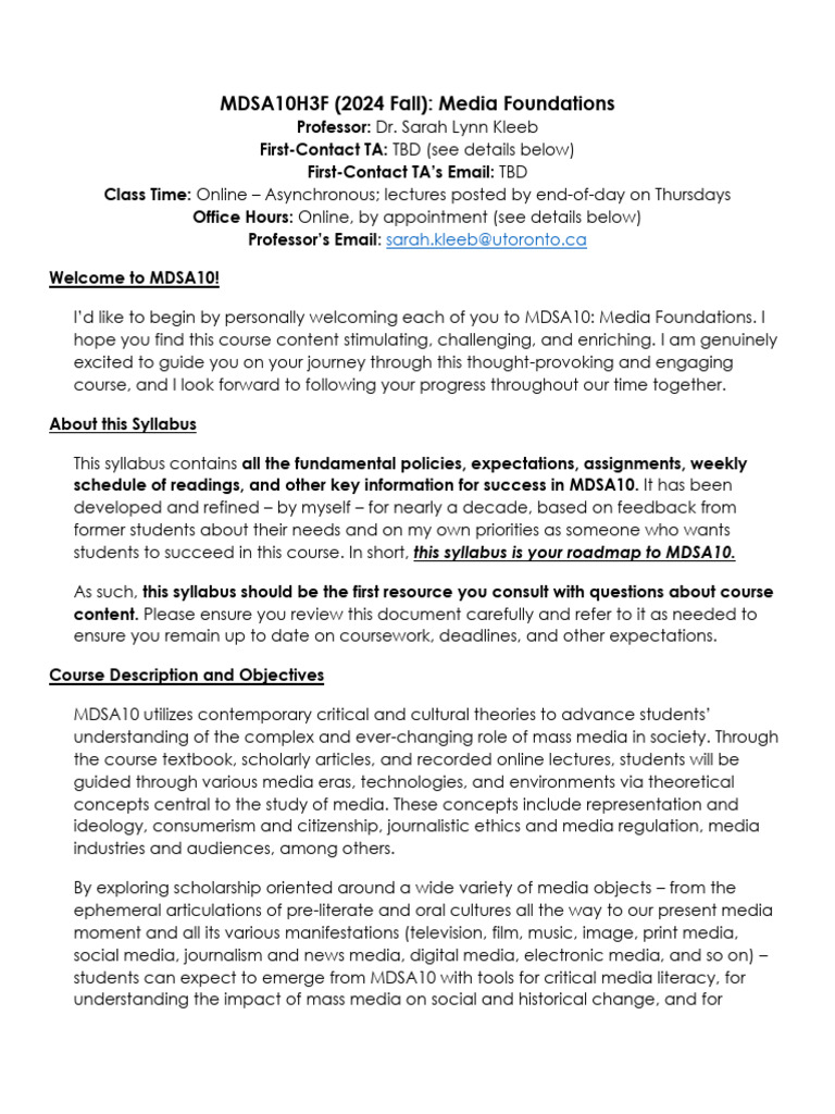 MDSA10-Media Foundations - Syllabus - Fall 2024 (TENTATIVE) | PDF