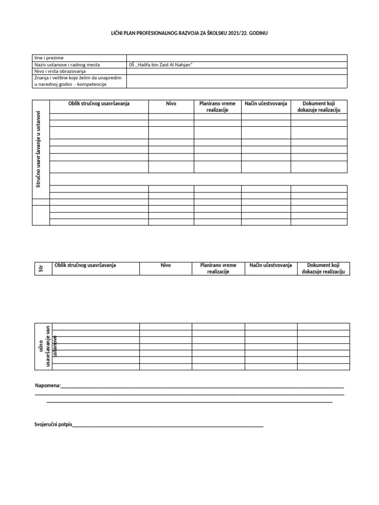Licni Plan OBRAZAC | PDF