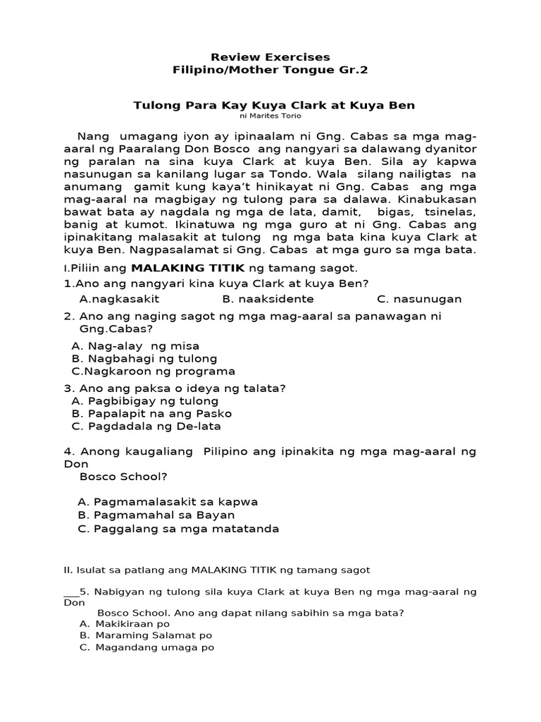 Review Exercises Grade 2 Filipino MT 2 | PDF