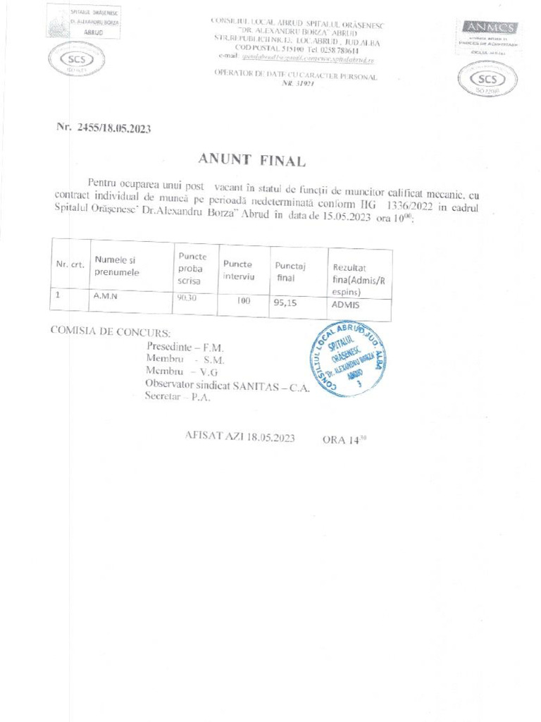 Anunt Final Concurs Muncitor Mecanic | PDF
