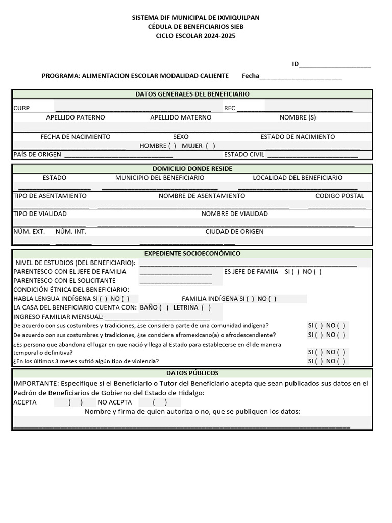 Cedula de Beneficiarios Sieb Aemc 2024-2025 | PDF