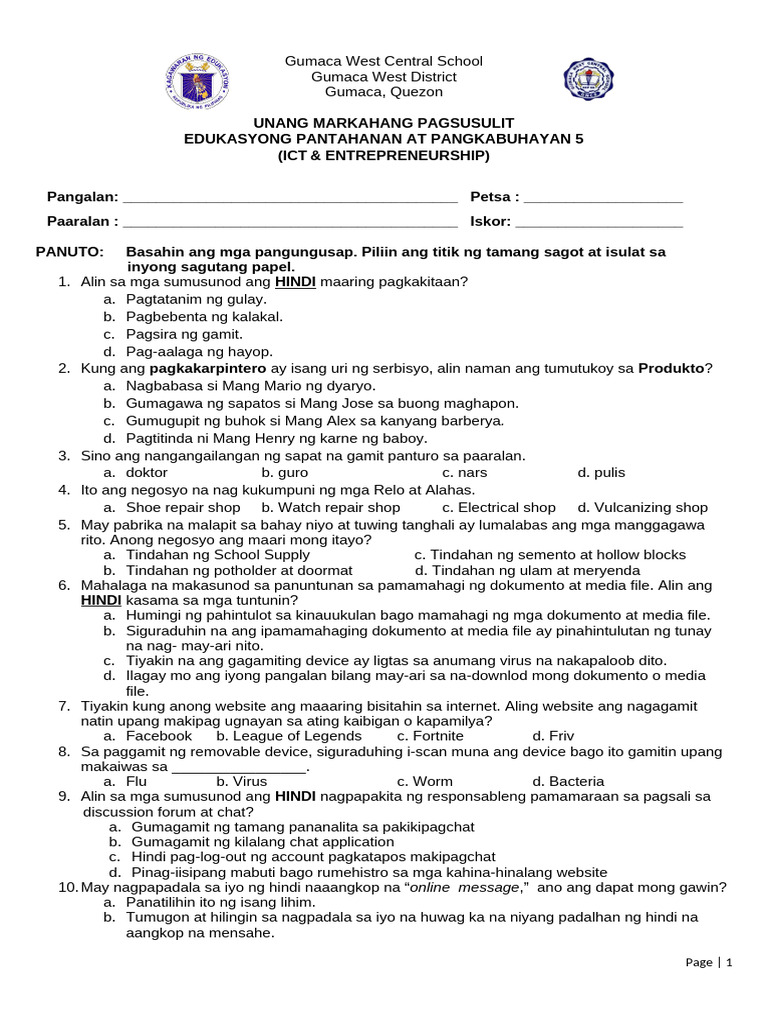 Epp Entrepreneur Ict 5 Periodical Test Answer Key 1 | PDF