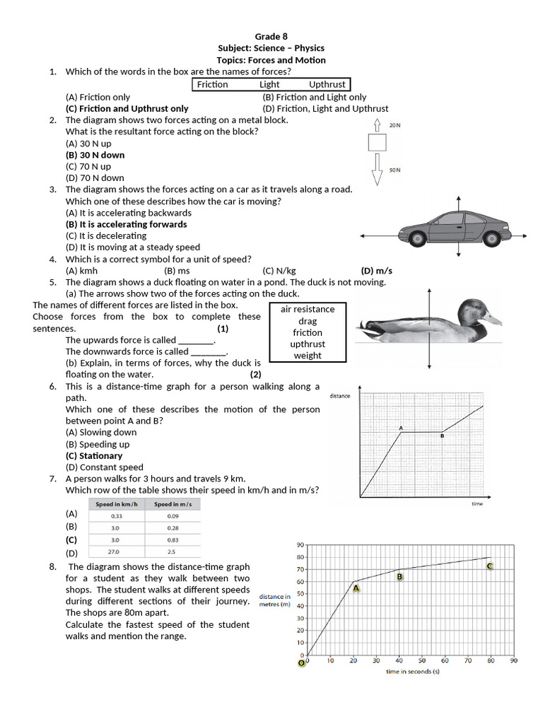 Grade 8 Test Questions and Answers - Motion | PDF