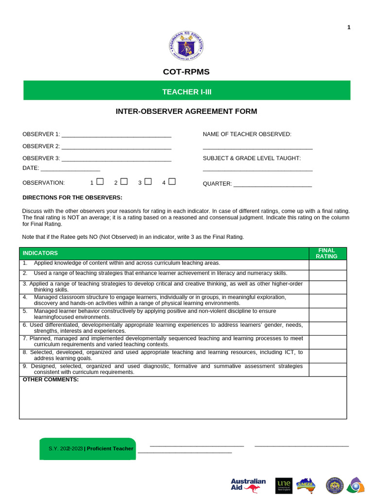 COT RPMS Inter Observer Agreement Form For T I III For SY 2022 2023 ...