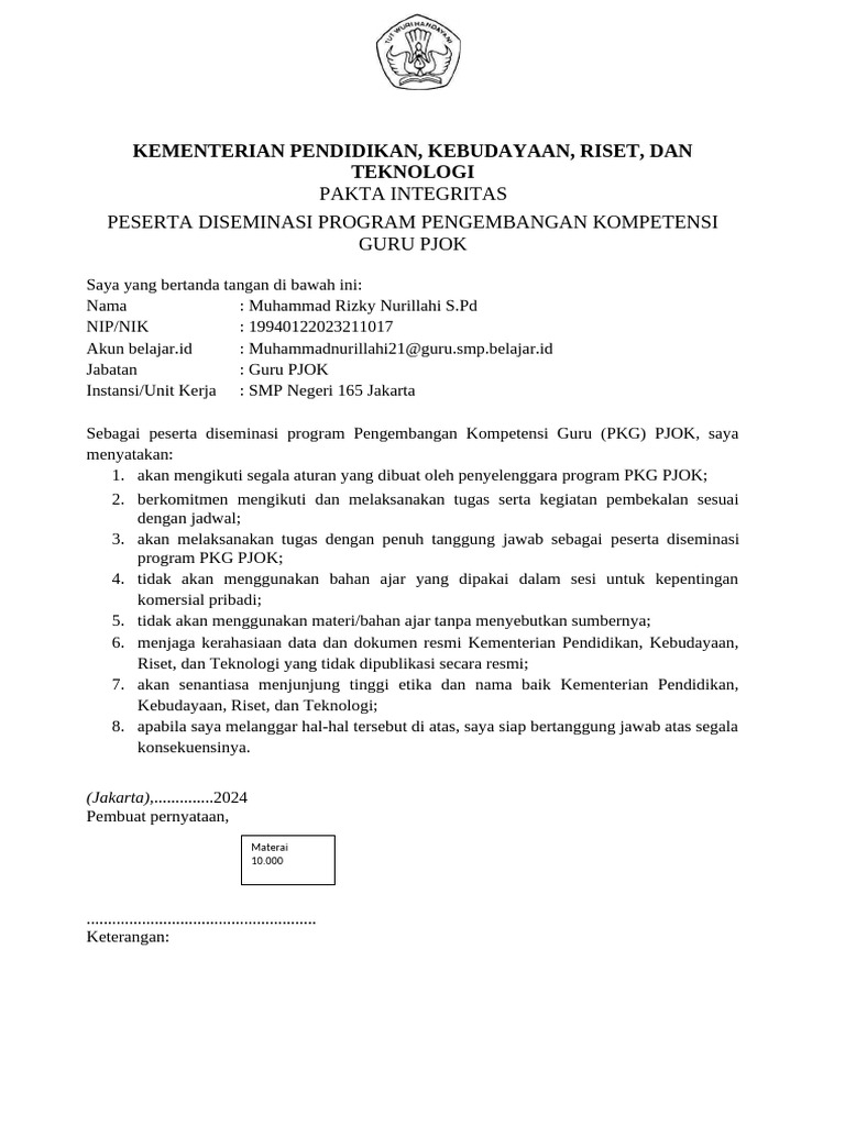 Template Pakta Integritas - Peserta Diseminasi PPKG PJOK-2 | PDF