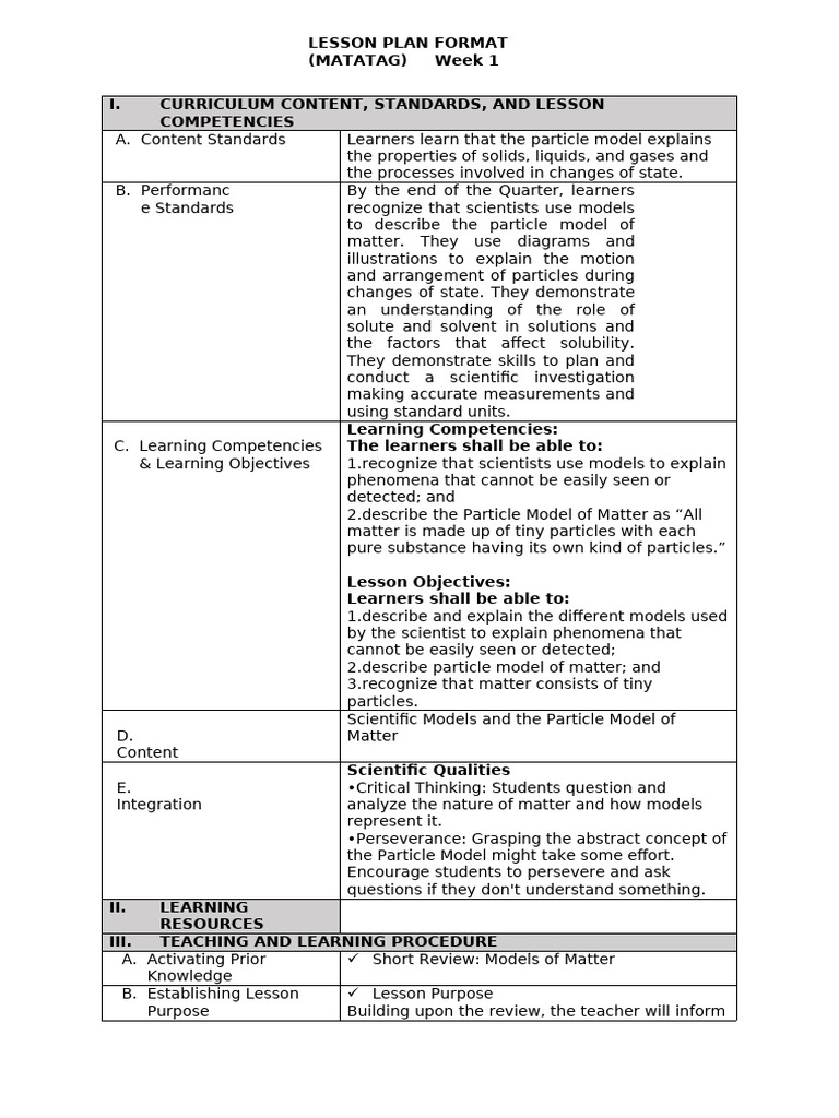 LP - Matatag Enhanced Science (Week 1) | PDF | Matter | Career & Growth