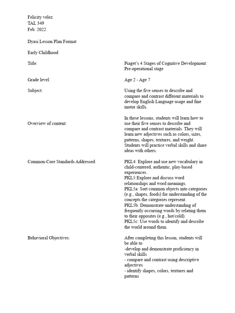 TAL 349 Lesson Plan 1 Draft 1 | PDF