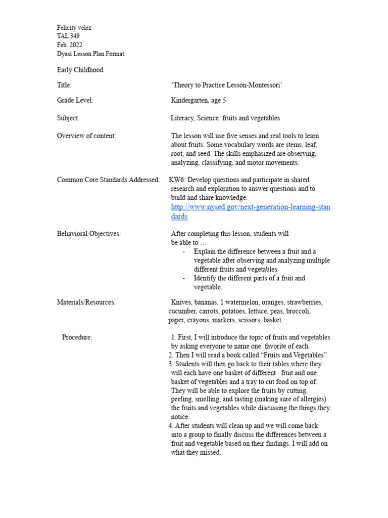 Montessori Lesson Plan | PDF