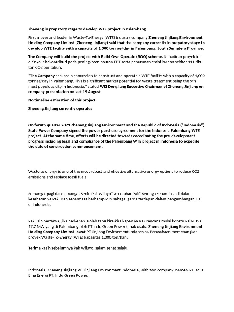 Zheneng in Prepatory Stage To Develop WTE Project in Palembang | PDF