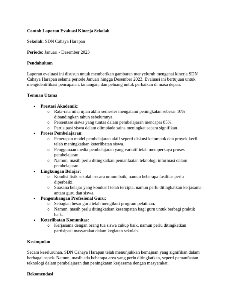 Contoh Laporan Evaluasi Kinerja Sekolah | PDF
