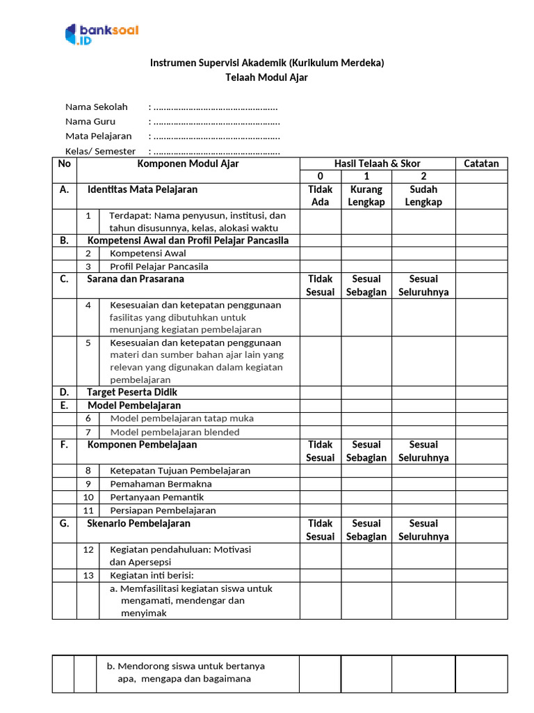 Instrumen Supervisi Penelaahan Modul Ajar | PDF