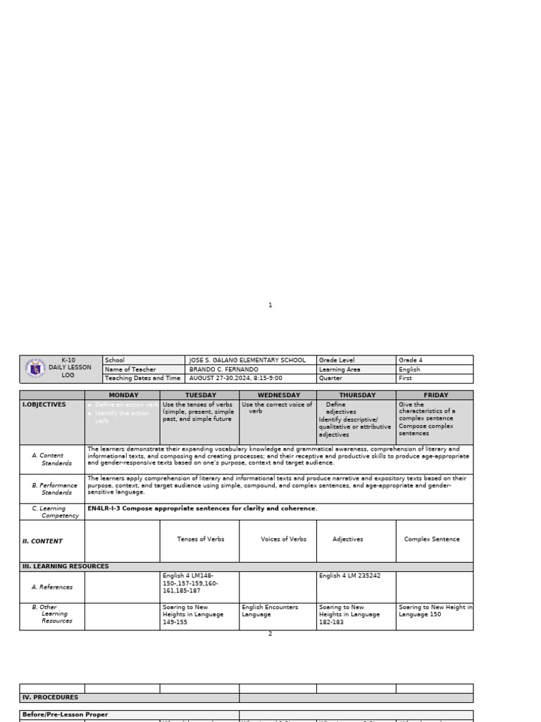 DLL English 4 Q1 W5 | PDF