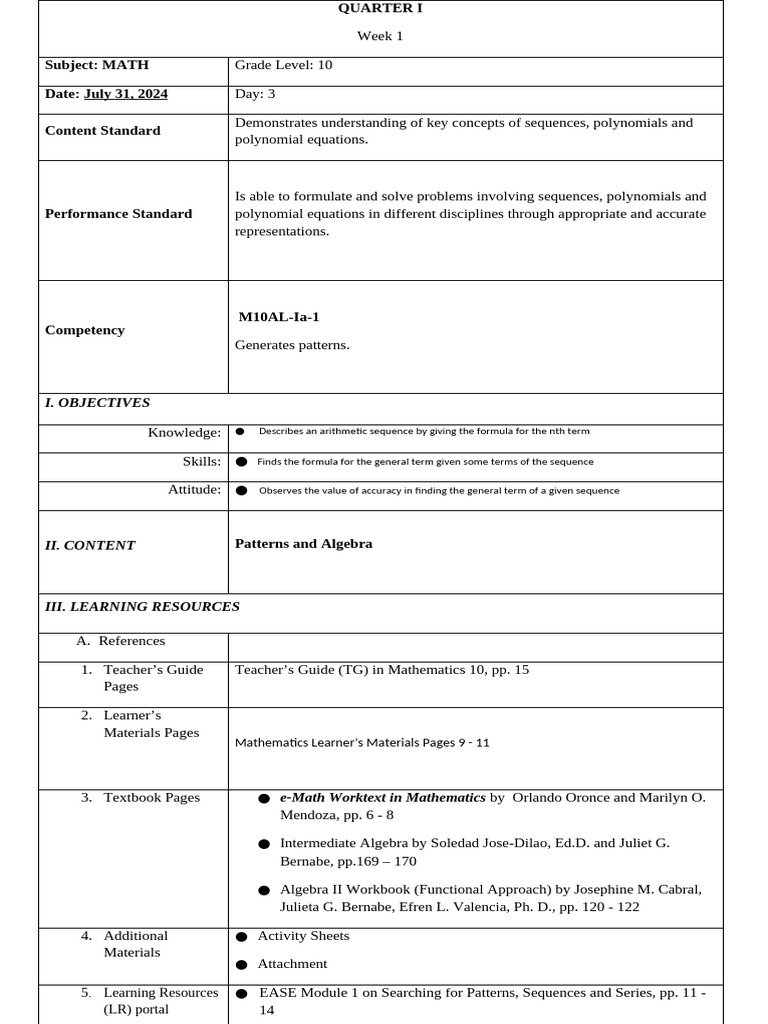 Daily Lesson Plan - G10-Q1-W1-day 3 | PDF | Mathematics | Numbers
