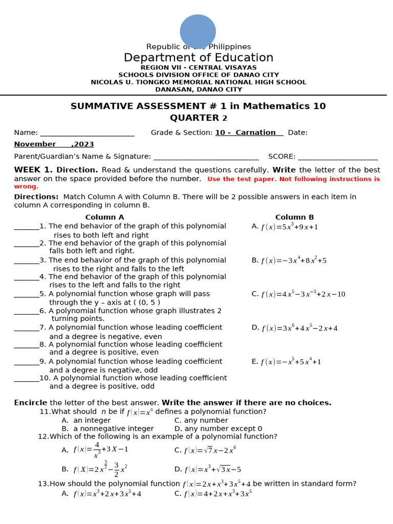 Summative Assessment 1 Math 10 | PDF