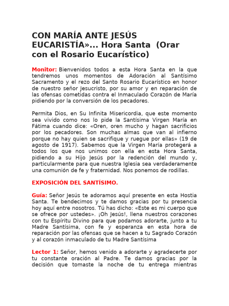 Hora Santa Con María Ante Jesús Eucaristía Pdf