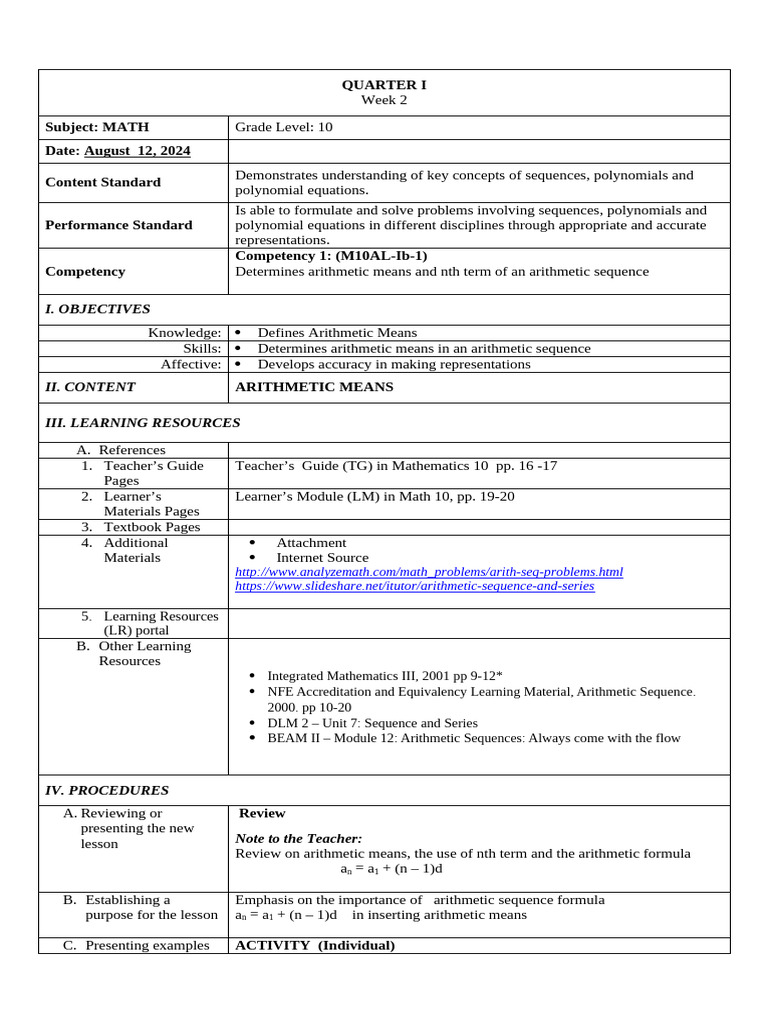 Daily Lesson Plan-Math-10-Q1-Week-2-Day-3 | PDF