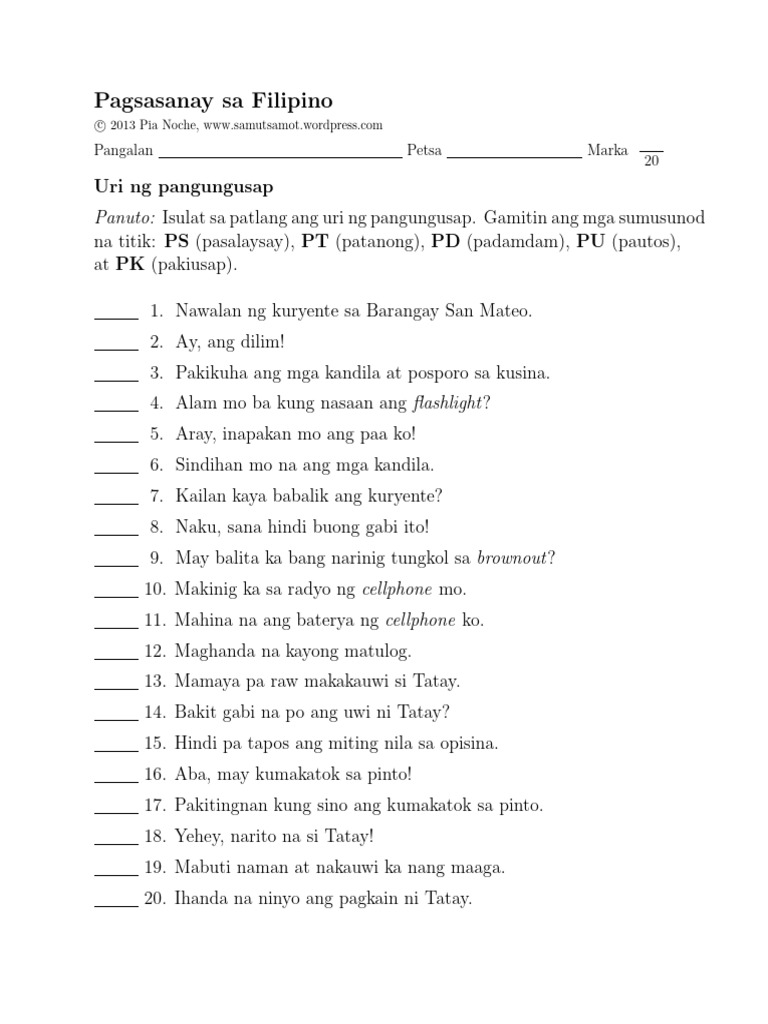 Uri NG Pangungusap Grade 6 Worksheet 3 | PDF