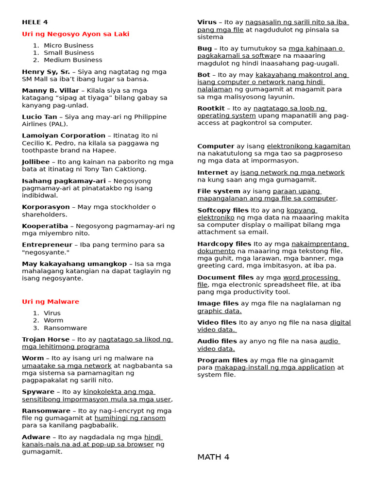 HELE and MATH Reviewer Grade 4 | PDF
