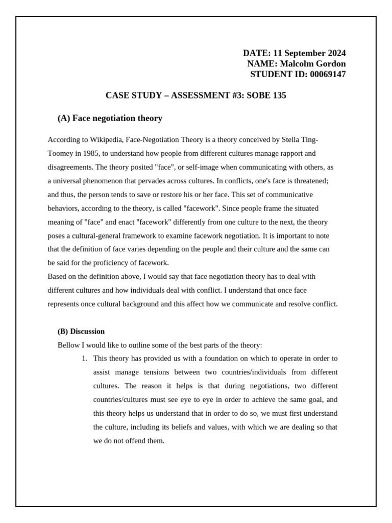 Malcolm Gordon 00069147 Assignment 2 Reflective Piece Application of Theory1 | PDF