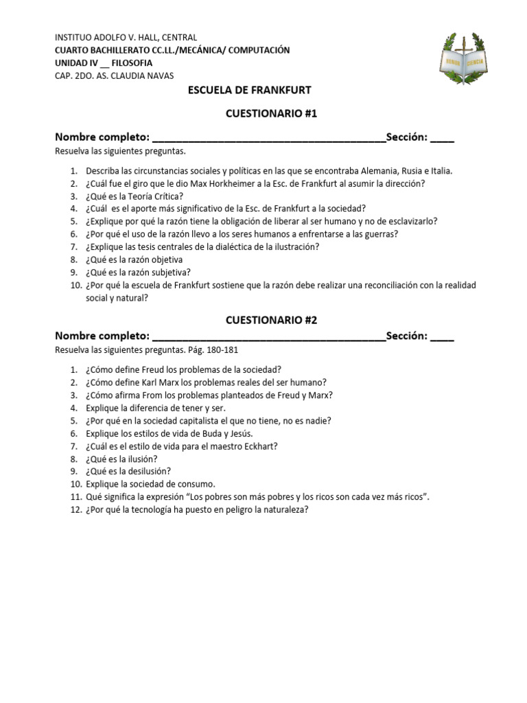 Cuestionario Prueba Corta Escuela de Frankfurt 4ta Unidad 2024 | PDF