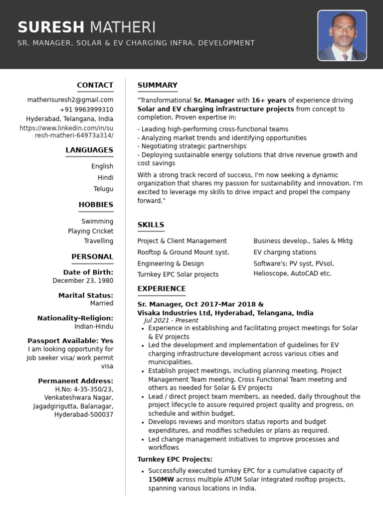 CV - Solar & EV Project Manager - 16yrs Exp. | PDF | Solar Power | Business