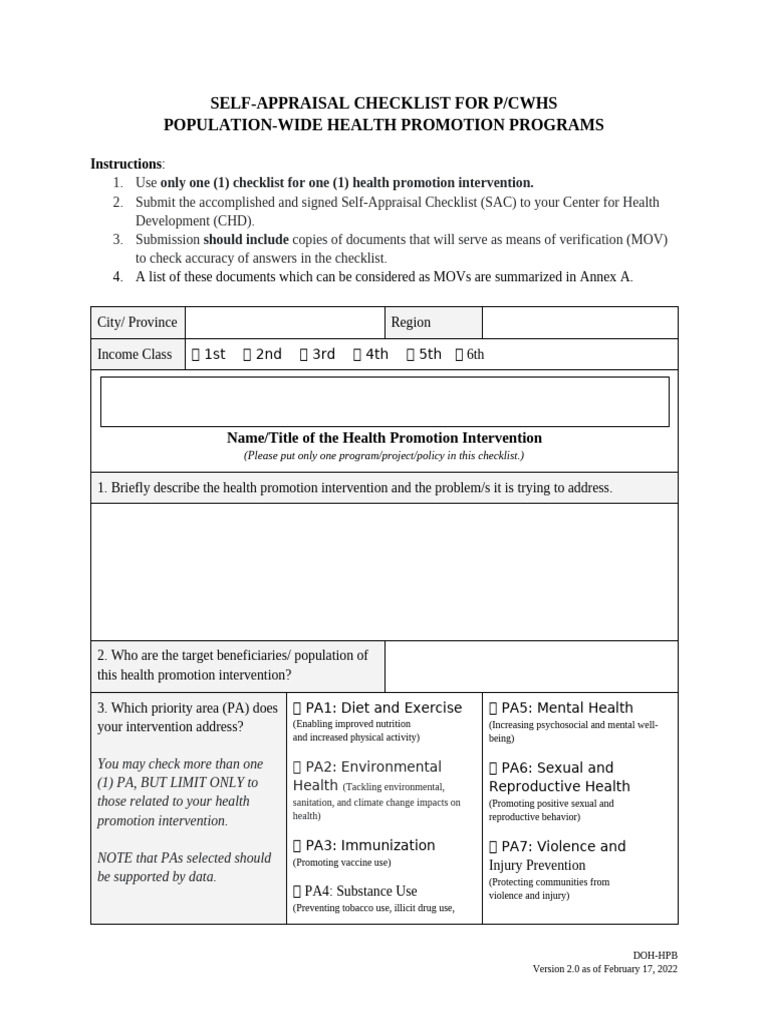 (DOH HPB) Revised Self-Appraisal Checklist For P - CWHS Health ...