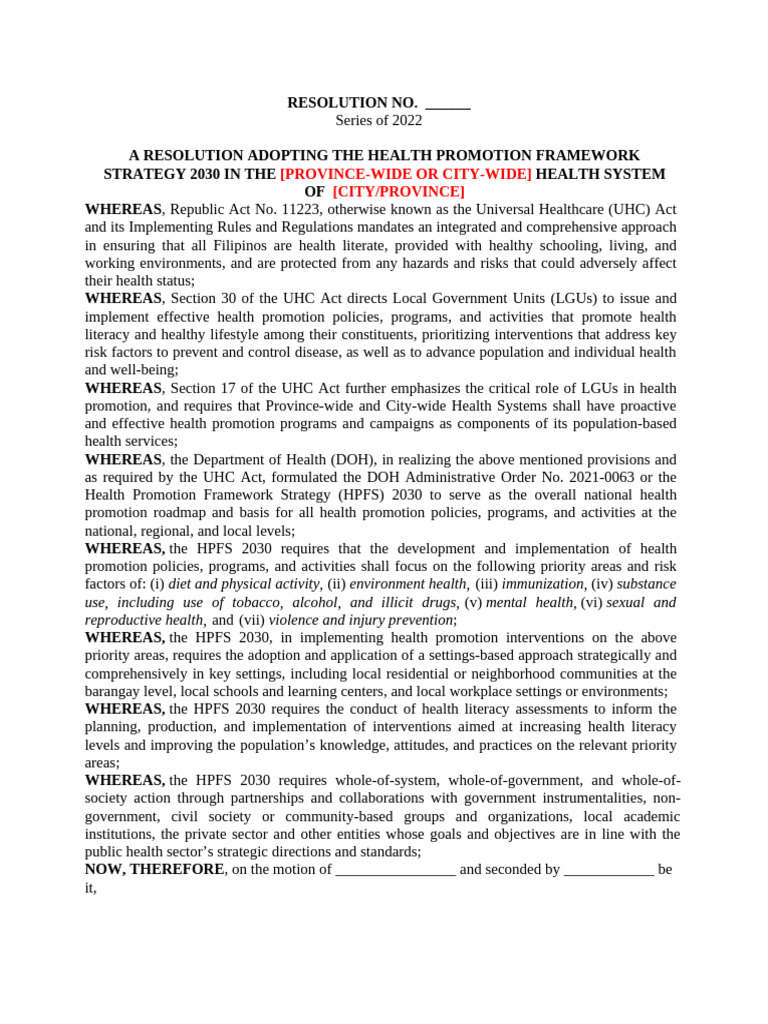 Template Resolution Adoption of HPFS 2030 | PDF