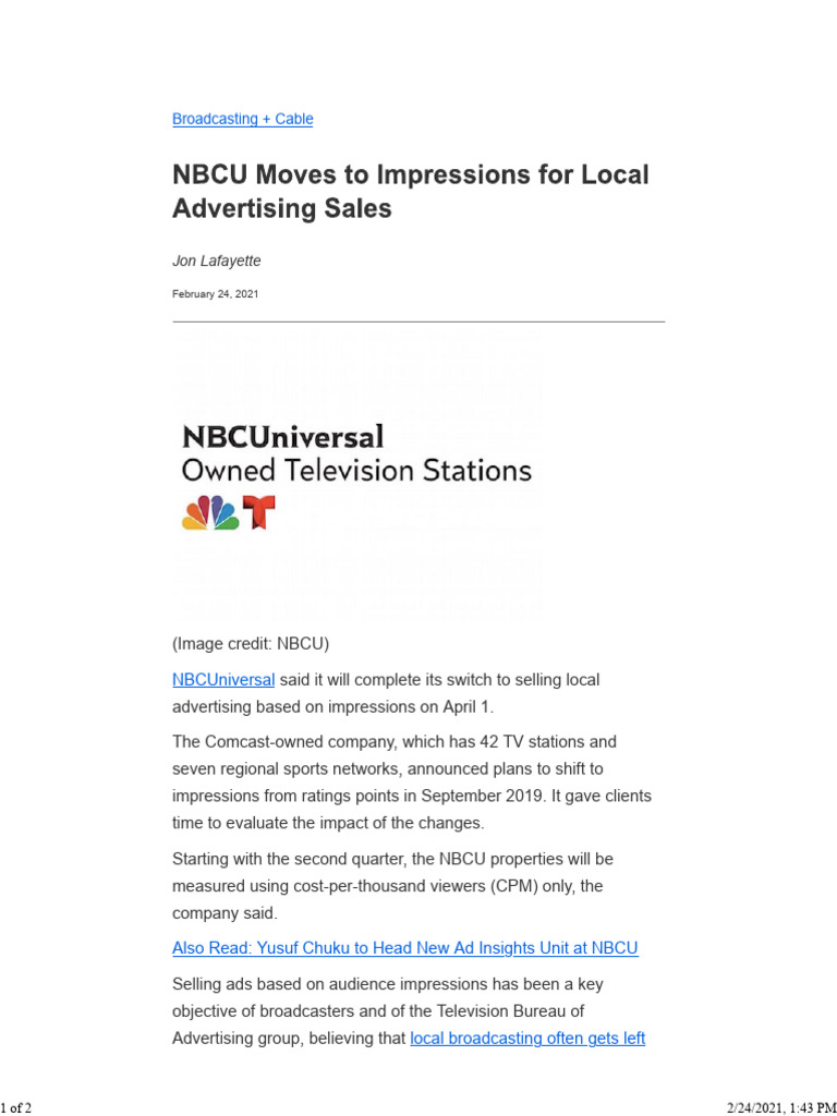 NBCU Moves To Impressions For Local Advertising Sales | PDF