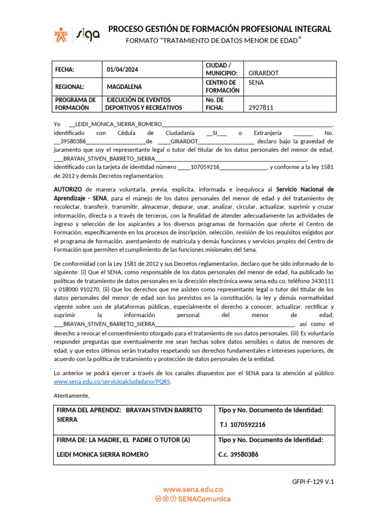 GFPI-F-129 Formato Tratamiento de Datos Menor de Edad | PDF