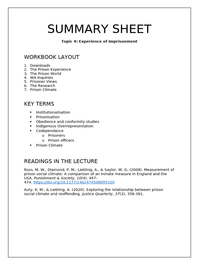 Summary Sheet: Workbook Layout | PDF