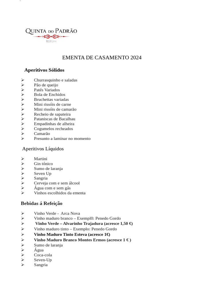 Ementa de Casamento 2024 | PDF
