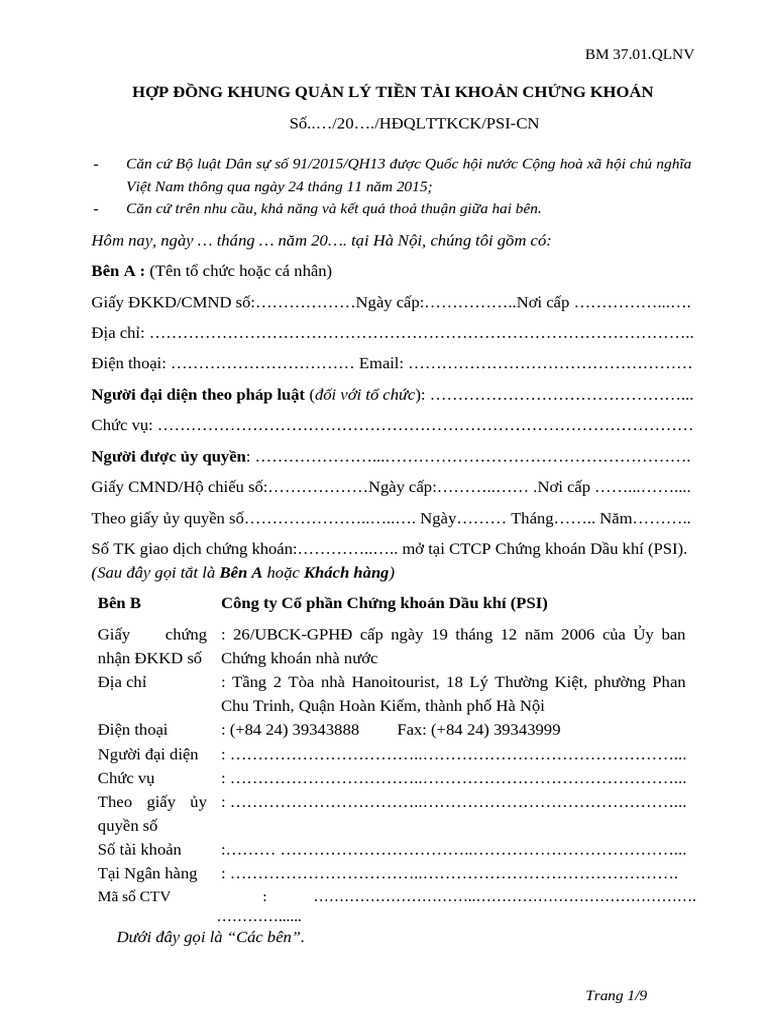 HD Khung Quan Ly Tien Tai Khoan Chung Khoan - 19.01.2021 Mau Chuan | PDF