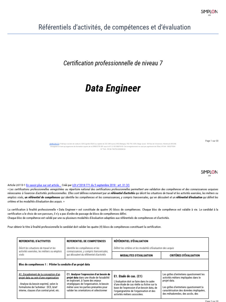 (RNCP Data Engineer) Referentiel Activites Compétences Et Évaluation | PDF